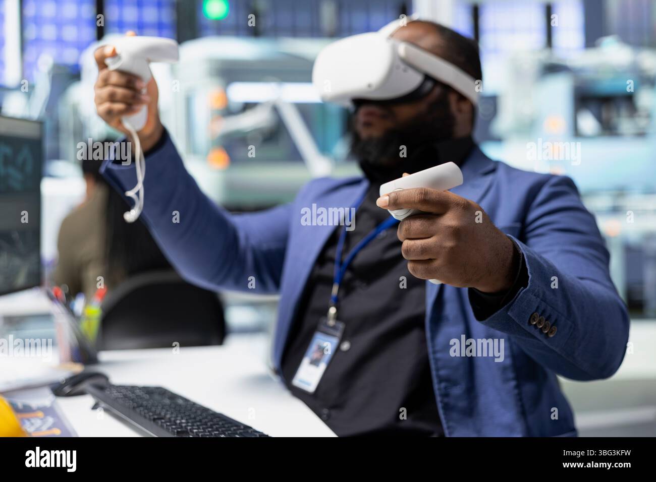 Photovoltaics factory engineer using VR tech to build models of alternative energy generators ...