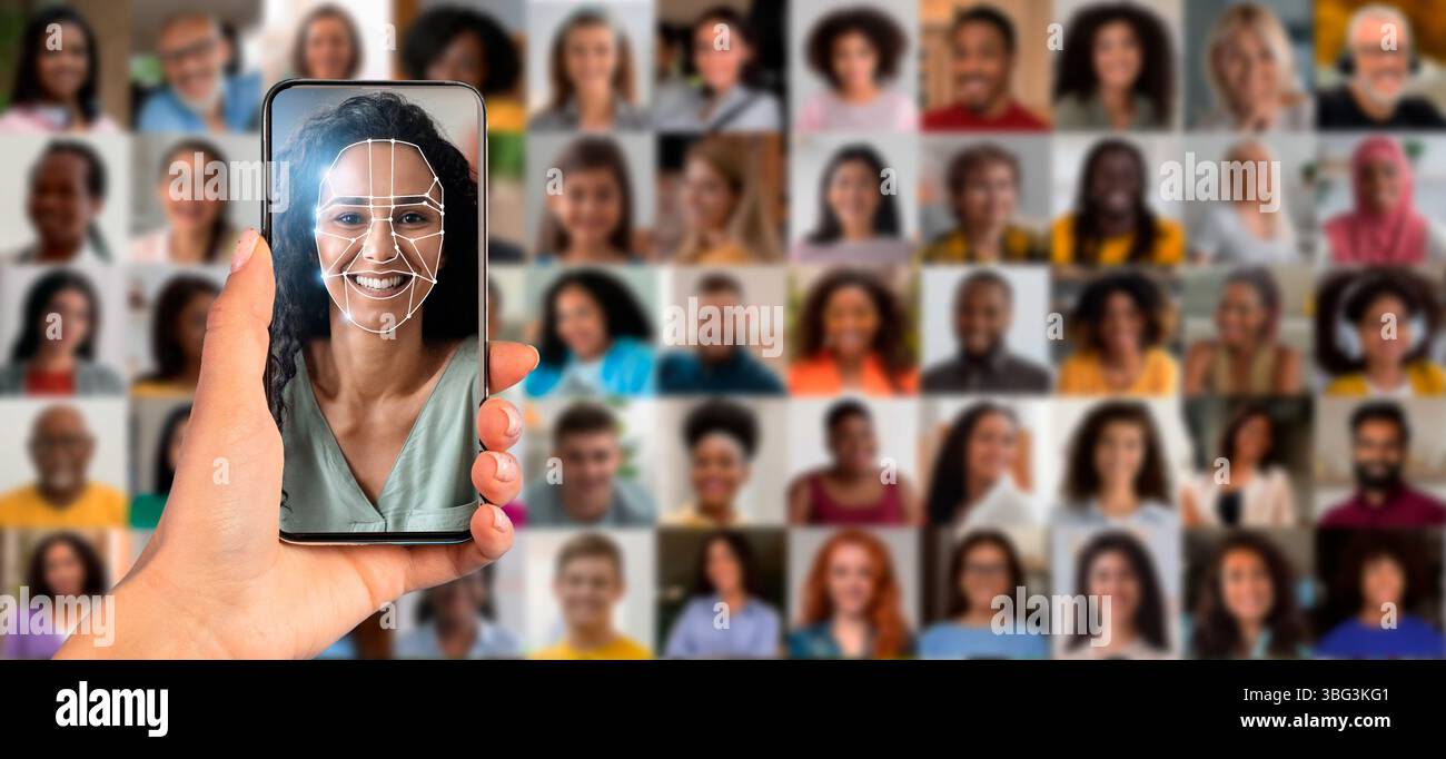Smartphone showcases modern face recognition on varied portraits Stock ...