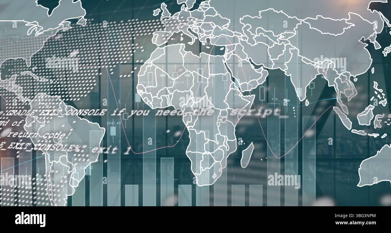 Displaying digital world map visualization on office glass panel, with charts and code overlays ...
