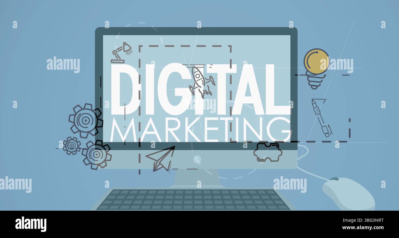 Image of digital marketing text over screen and icons on blue ...