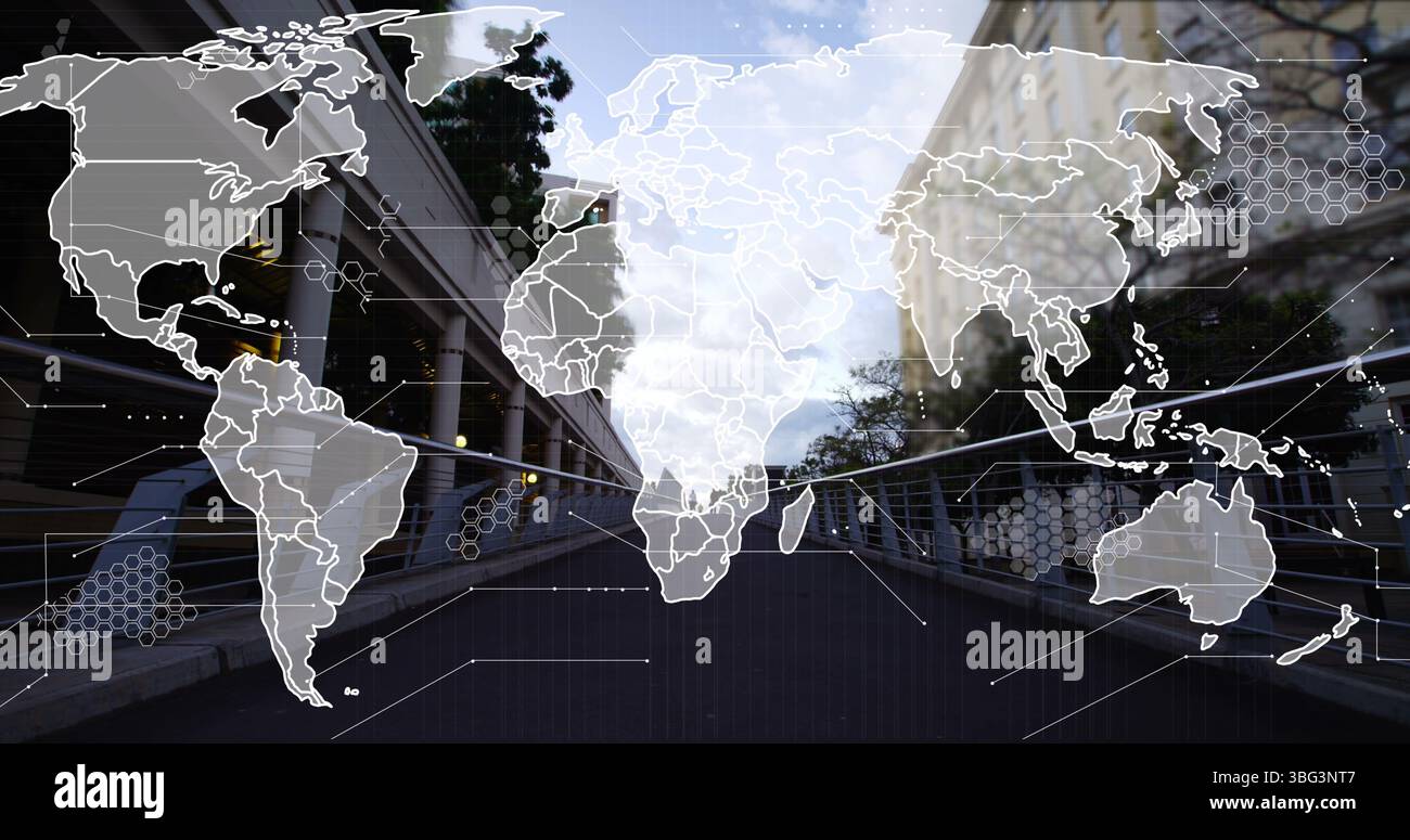 Image of world map and processing data over pedestrians crossing bridge ...