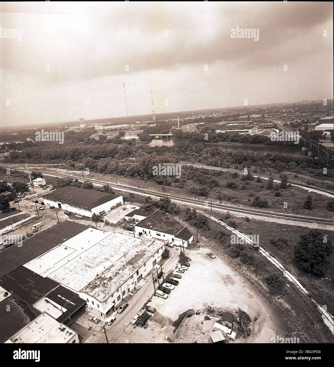 Aerial view from 1984 showing the Scioto River, looking north and west ...