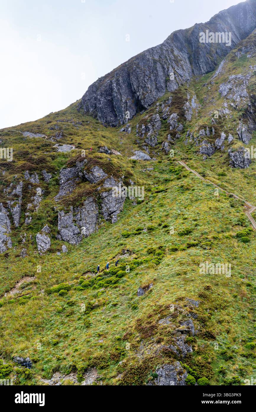 Three people climb Conical Hill from the Harris Saddle Emergency ...