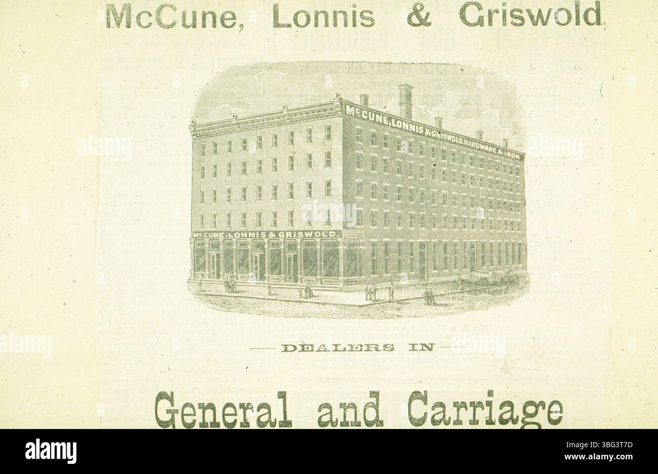 An engraving from 1888 shows the McCune Lonnis and Griswold building, a ...
