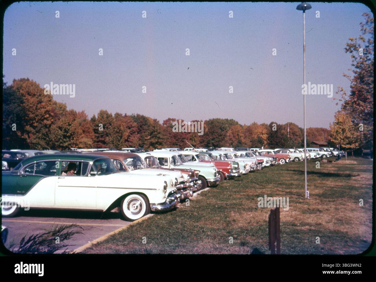 This photograph shows cars lined up in the Blendon Woods parking lot ...