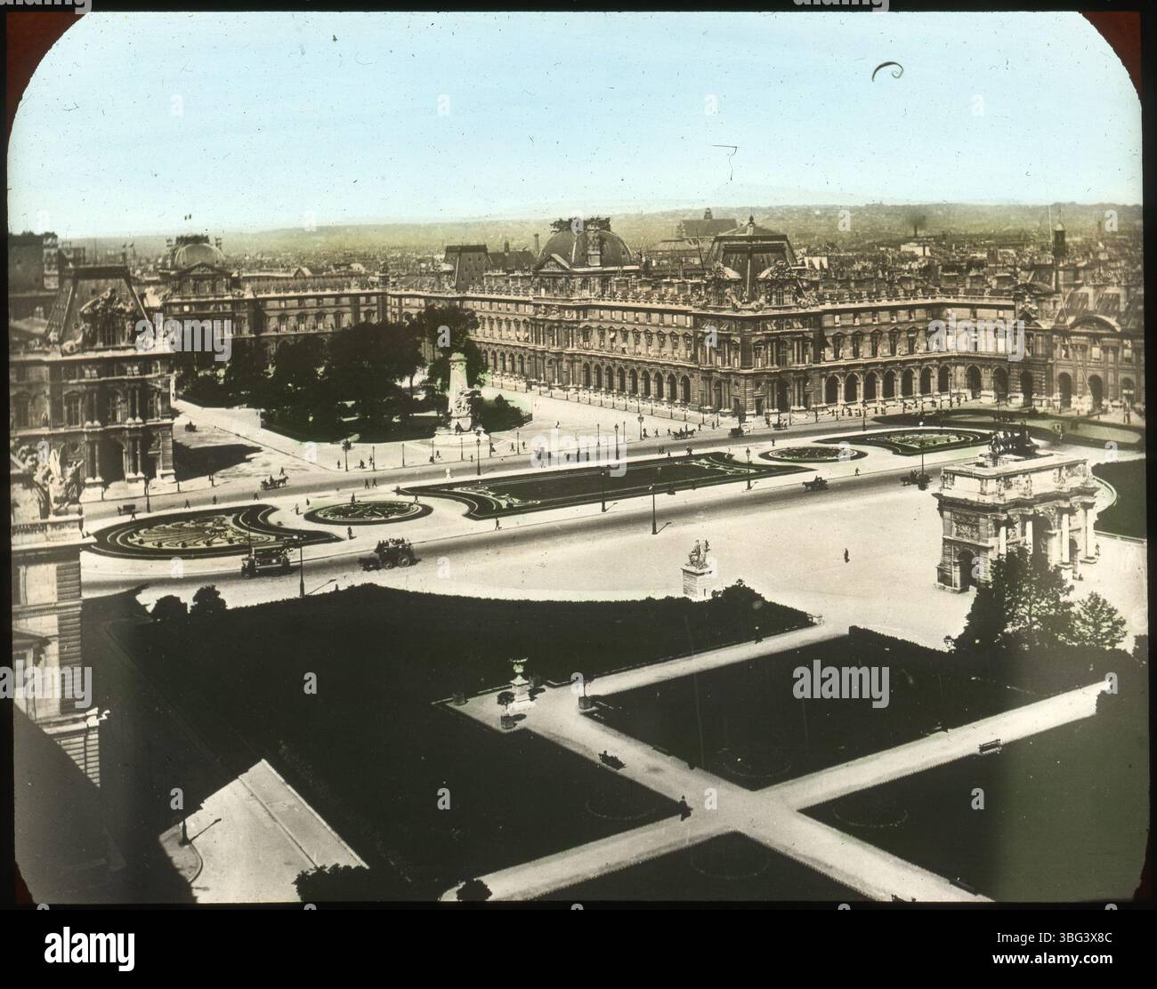 1913 aerial view of the Louvre and Place du Carousel in Paris, before ...