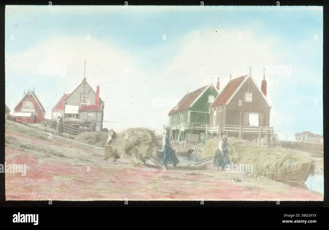 Three women carry hay to and from boats during harvest in Marken ...