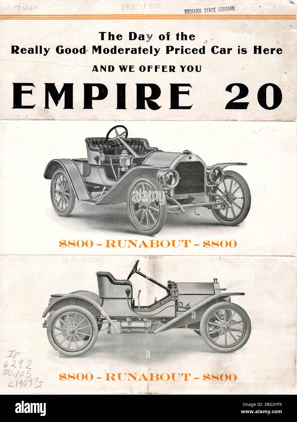 This 1909 pamphlet advertises Empire Motor Car Company, featuring ...