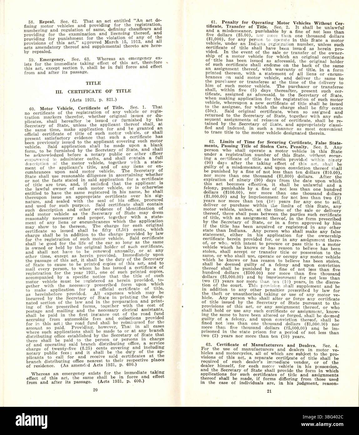 The 1932 Indiana motor vehicle and highway laws document includes ...