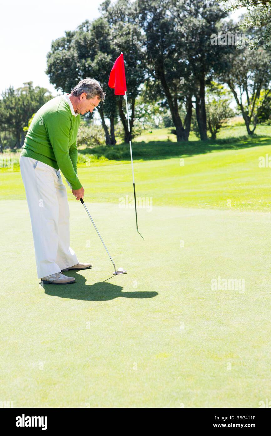 Golf putter leaning over ball on sunlit putting green near red flag and ...