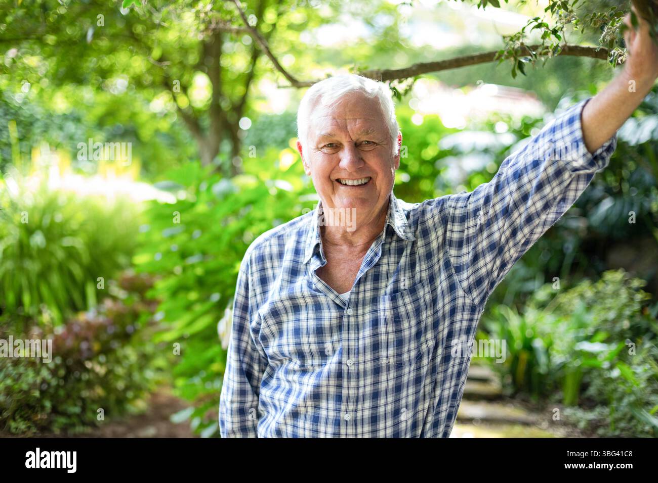 Senior man leaning on tree branch while smiling in backyard garden with ...