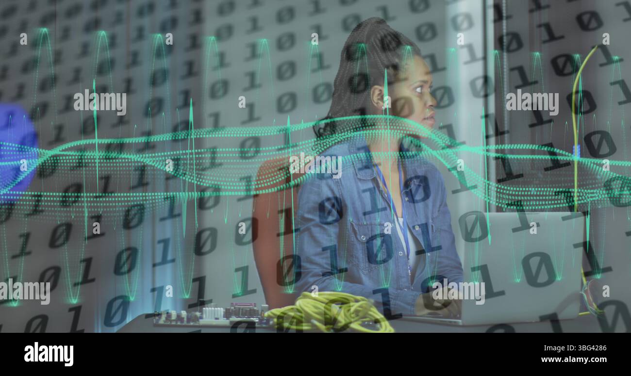 Image of data processing over african american female server room ...