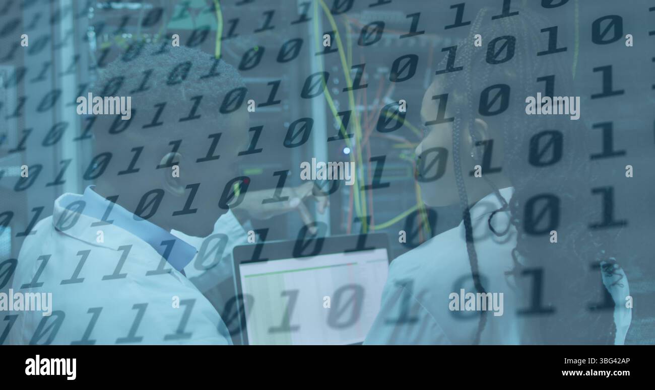 Image of data processing over african american couple server room ...