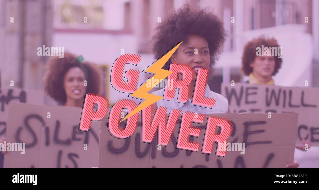 Image of girl power girl text over diverse group of women with banners ...