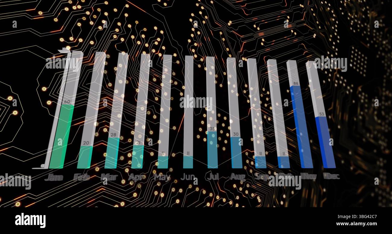Image of graphs, integrated circuit on black background Stock Photo - Alamy