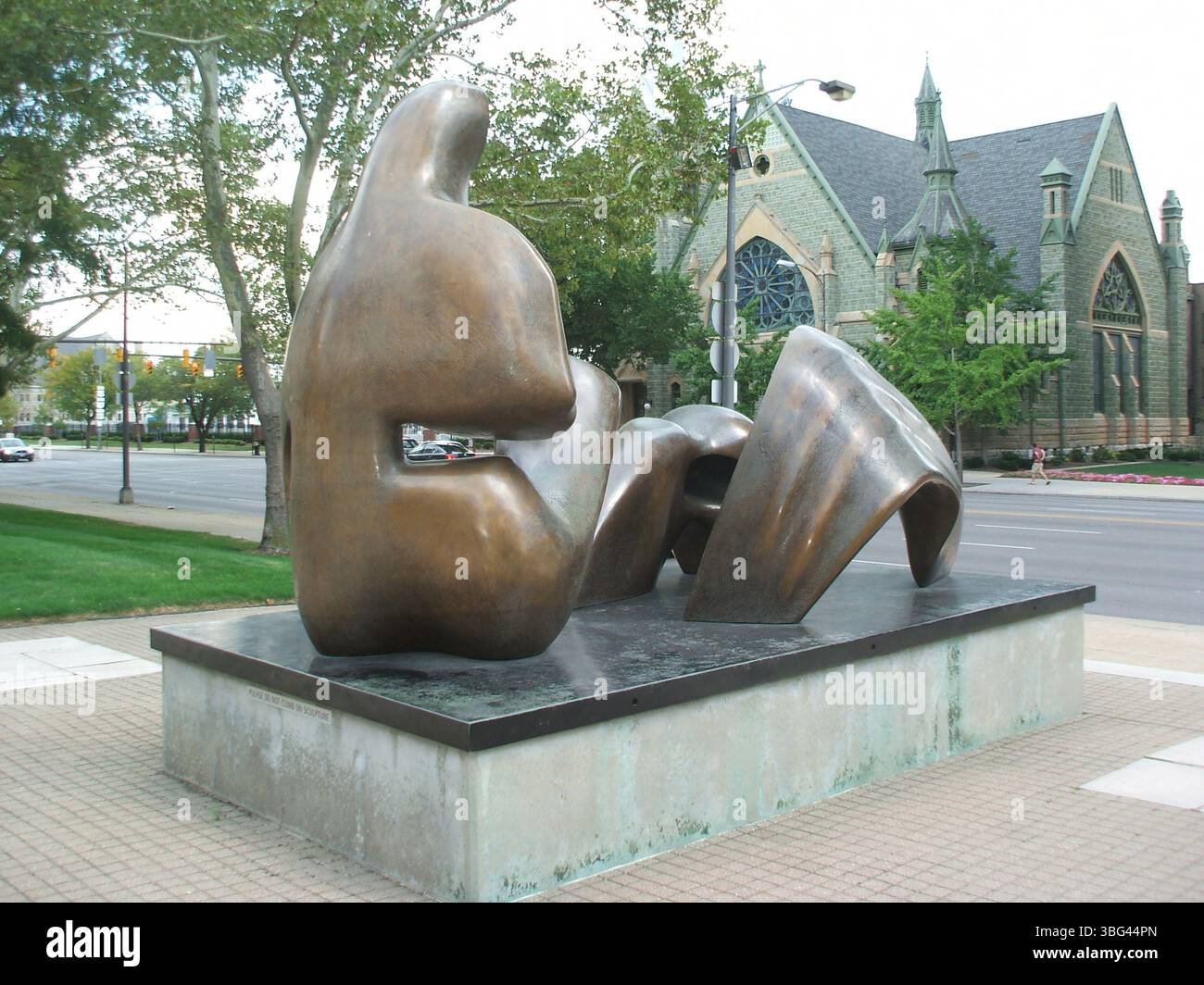 The Three Piece Reclining Figure: Draped sculpture by Henry Moore, created in 1975, is displayed ...