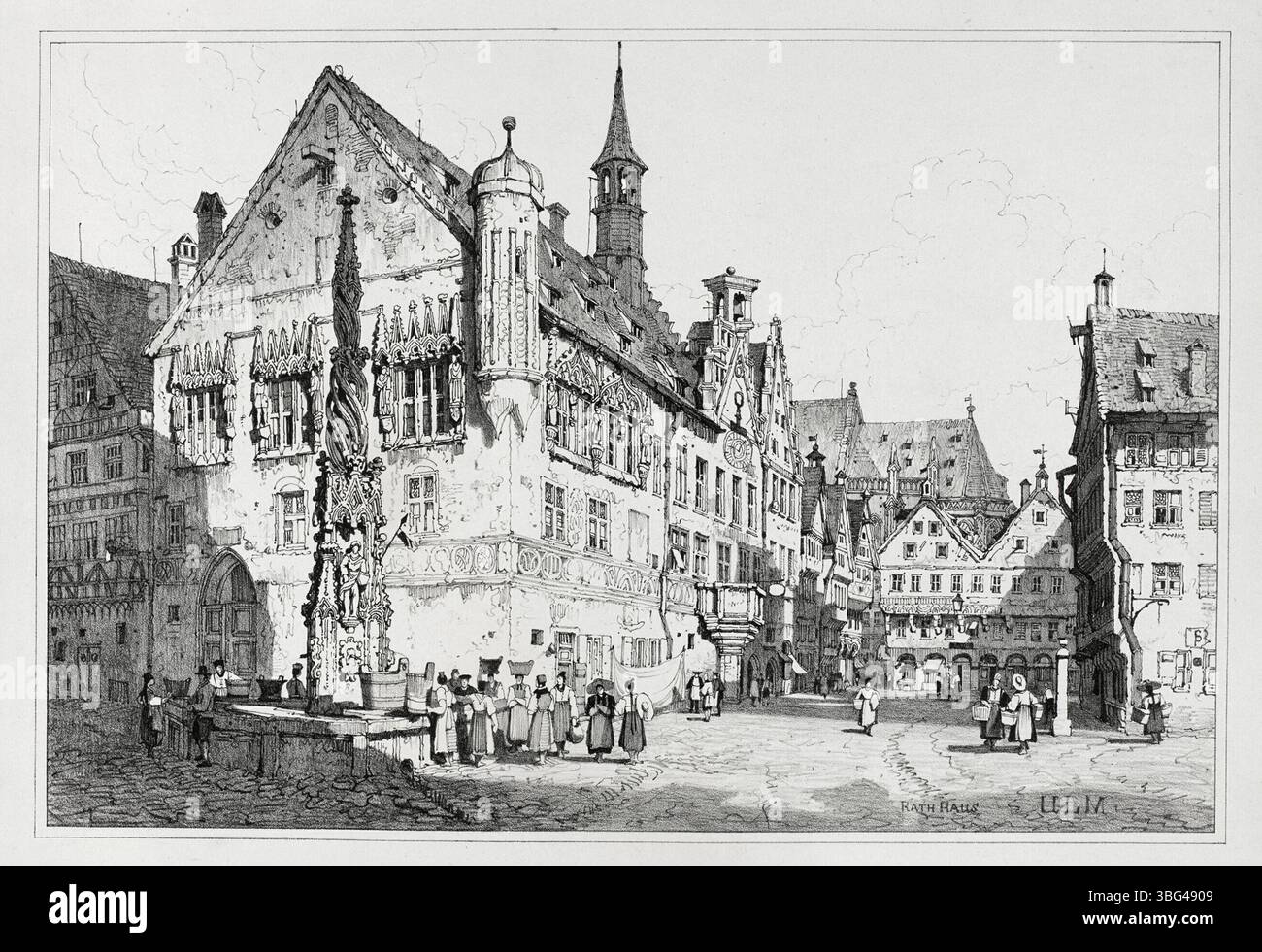 The print lithograph of the Rath haus Rathaus in Ulm by Samuel Prout ...