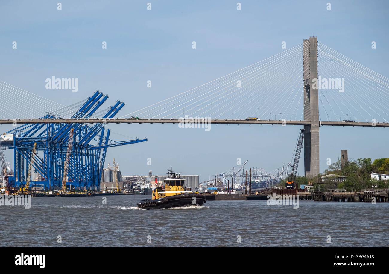 SAVANNAH, GEORGIA - March 22, 2025 Tugboat Under Bridge in Savannah ...