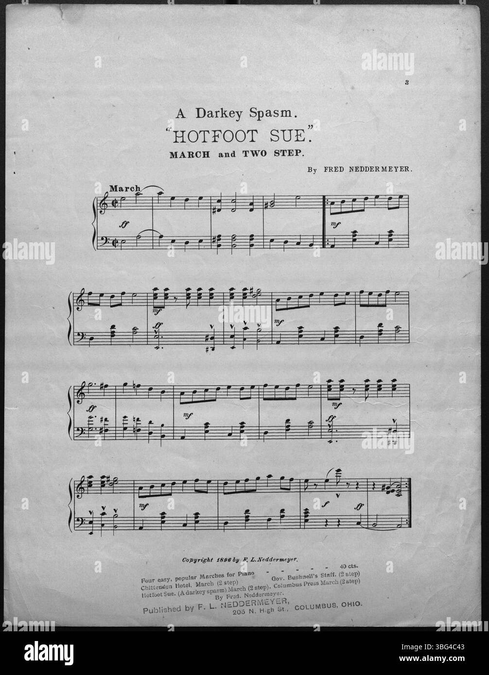 The sheet music for *Hotfoot Sue*, a song composed in 1896 by Fred L ...