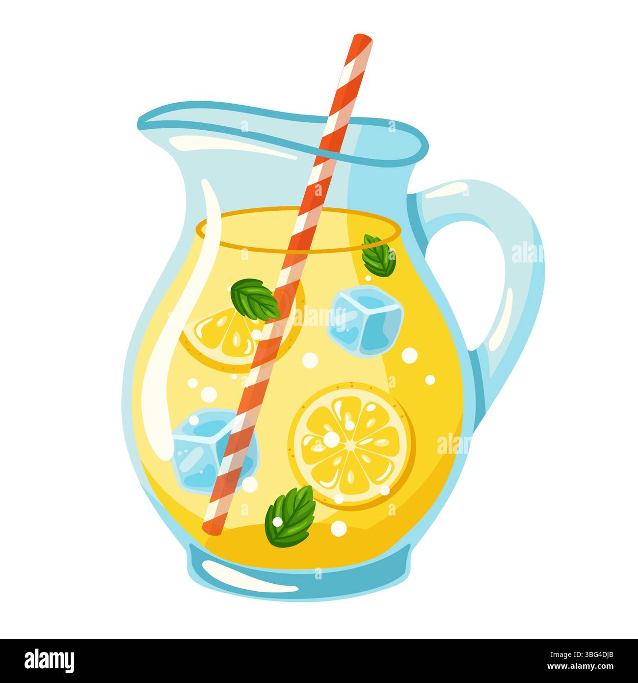 Glass pitcher with lemonade, lemon slices, ice cubes, mint and striped ...