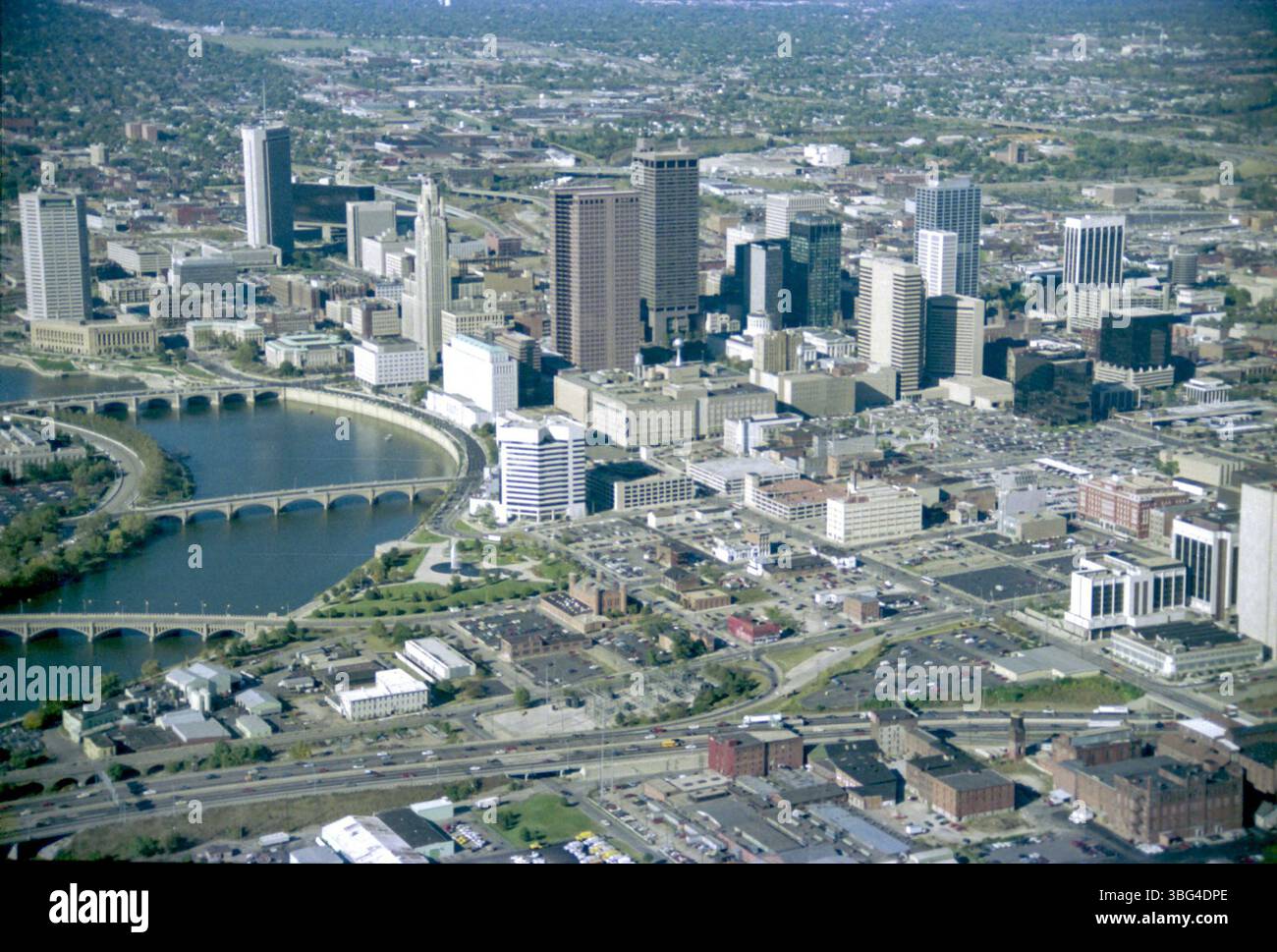 An aerial view of downtown Columbus taken in 1985, highlighting the ...
