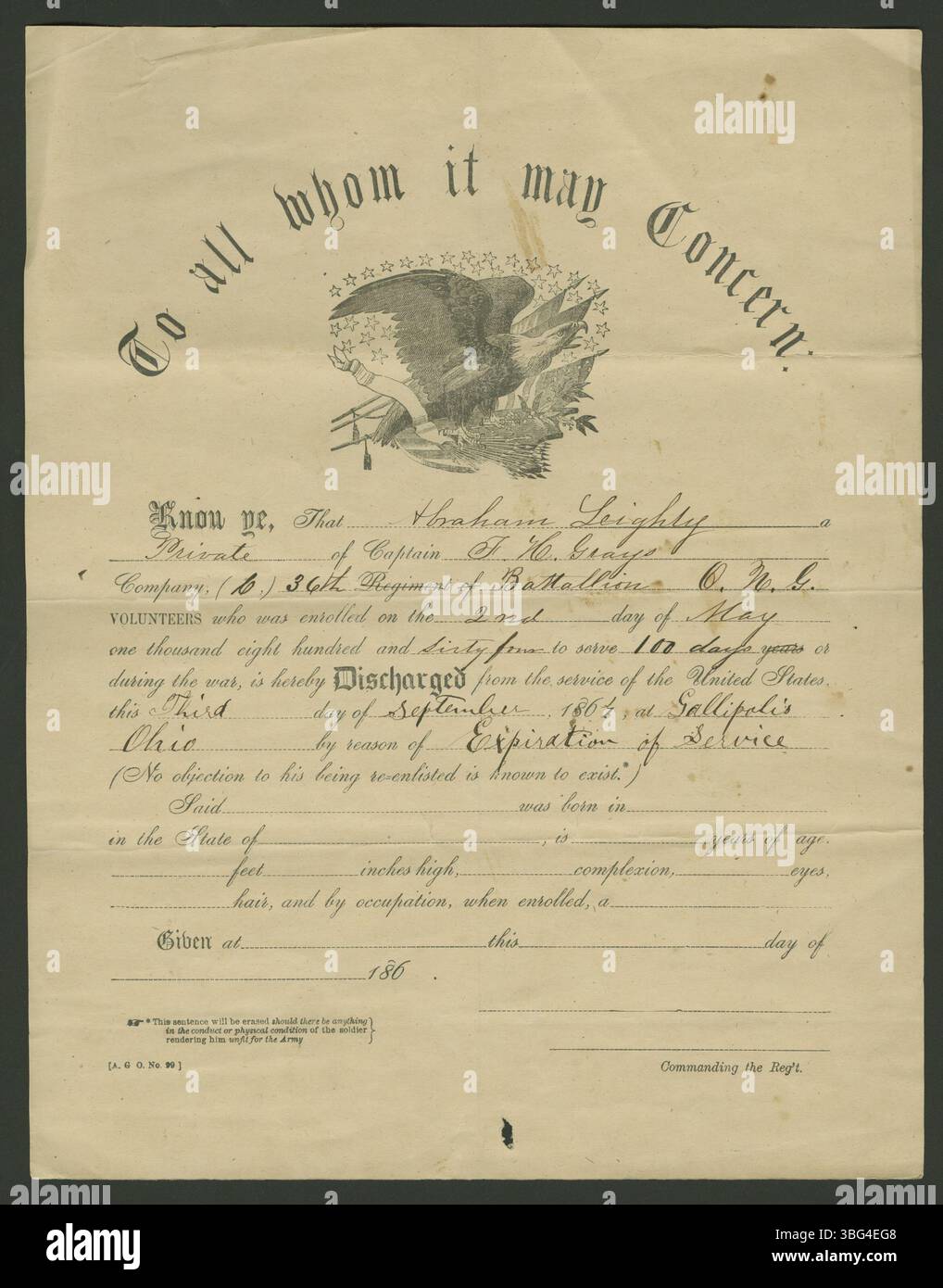 This discharge certificate, issued to Abraham Leighty on September 3 ...