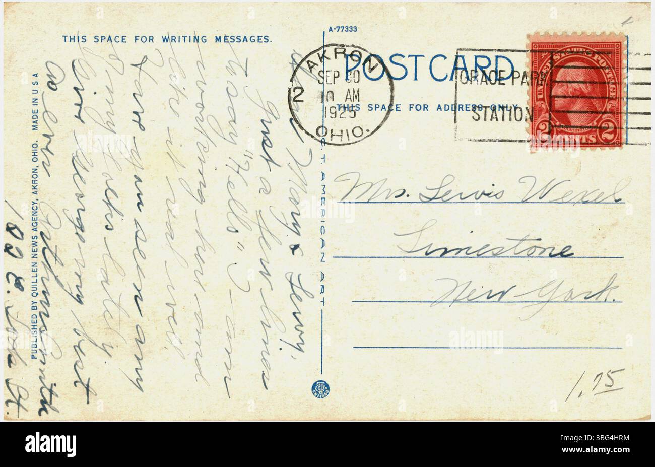 A color postcard of the terminal building in Akron, Ohio. The image ...