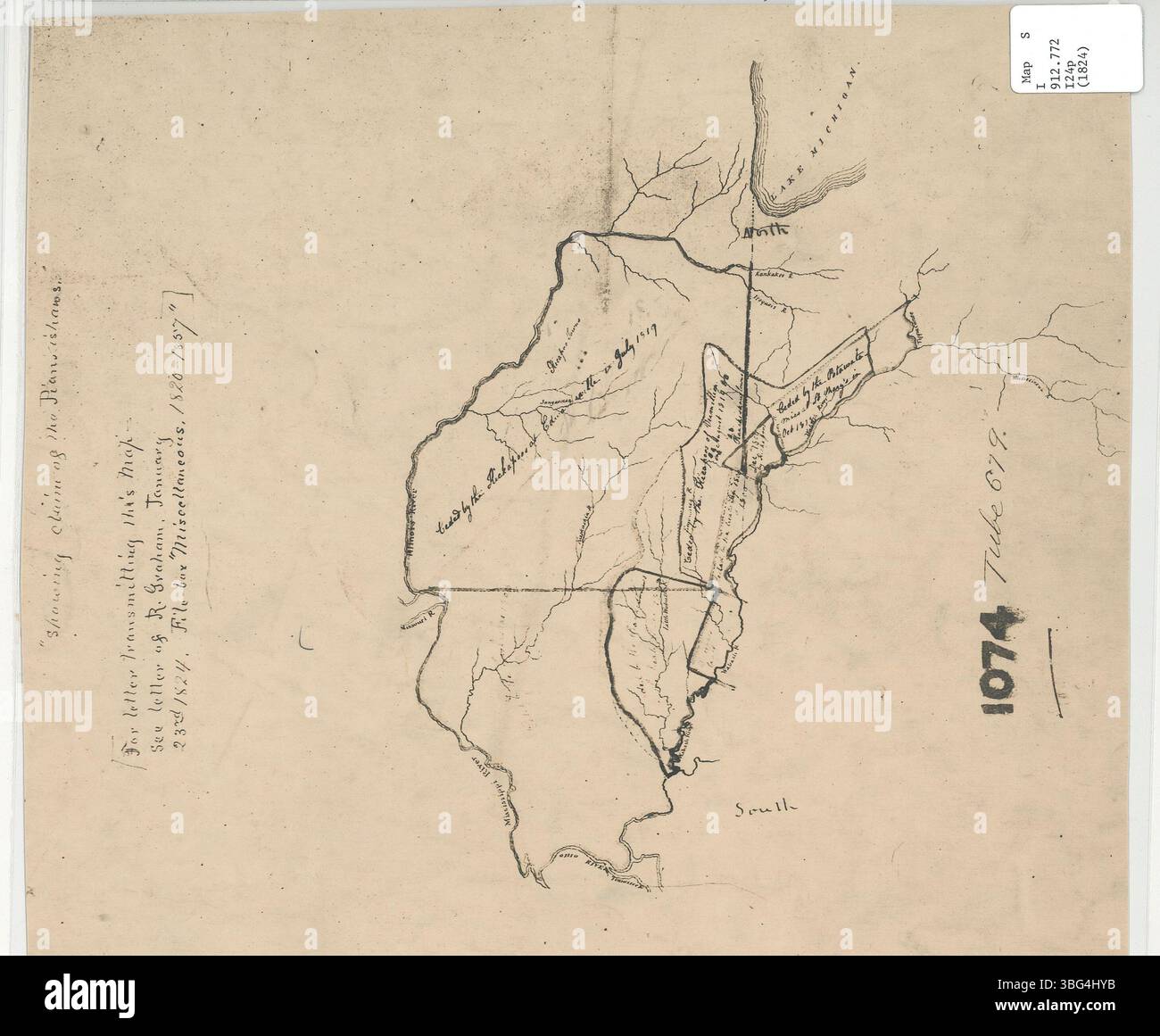 Reproduction of a hand-drawn map from 1824, possibly created by the U.S ...
