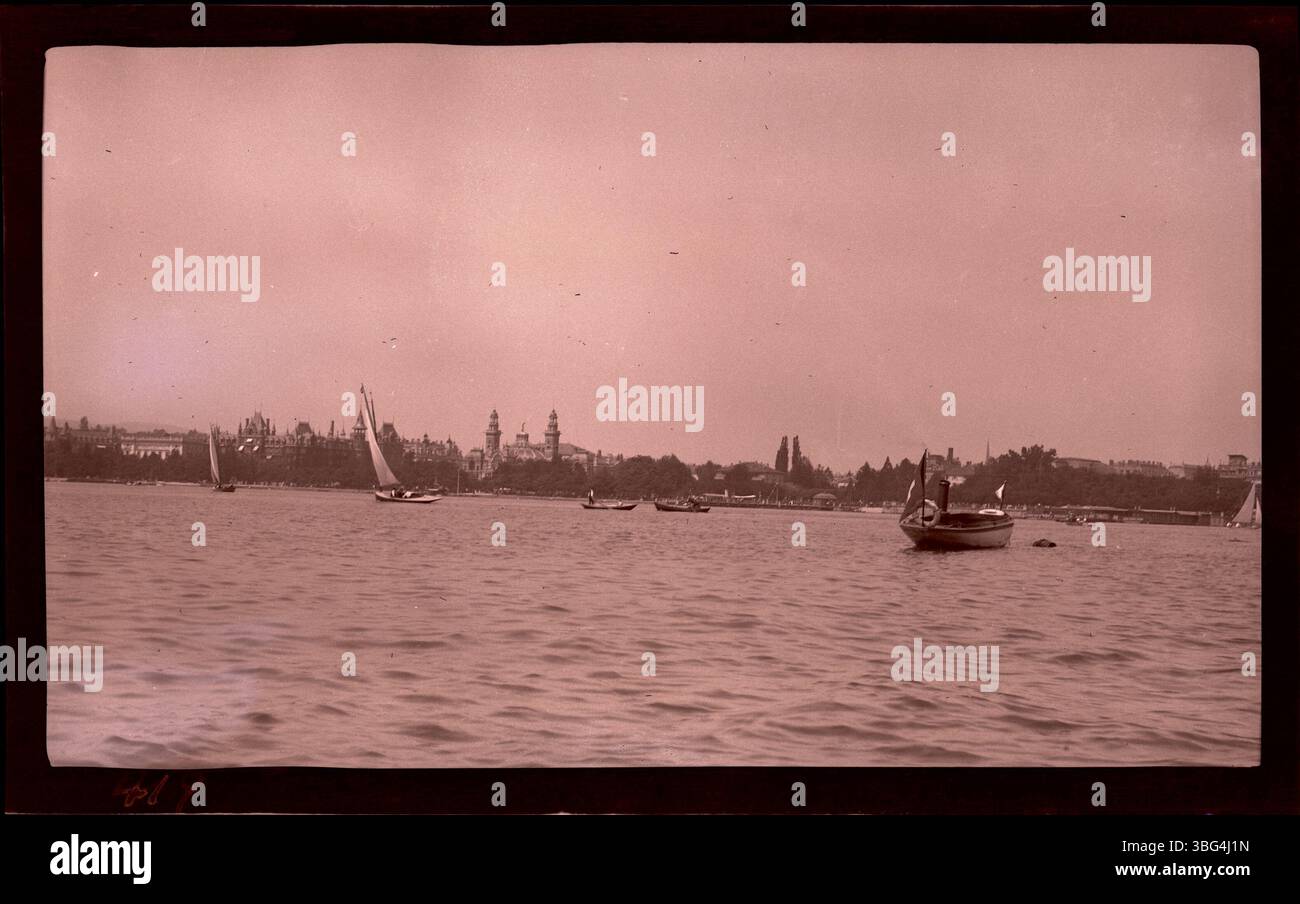 The 1913 photograph shows Lake Zurich with the Tonhall building across ...