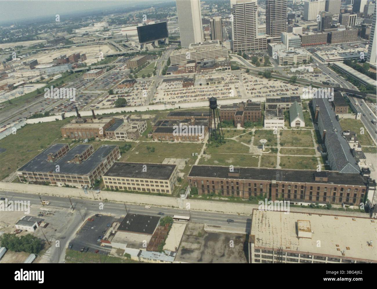 A 1990 aerial photograph of downtown Columbus, highlighting the central ...