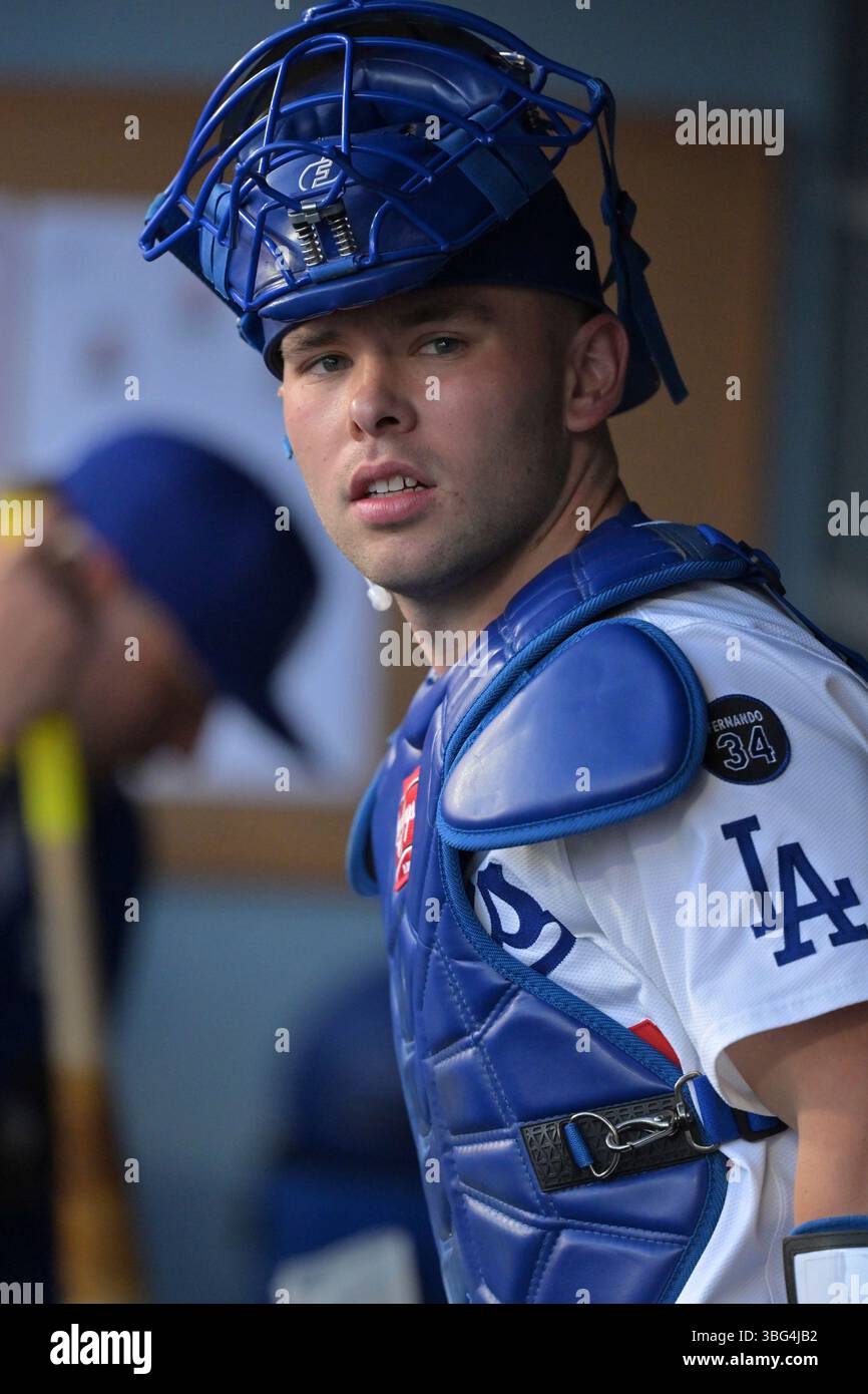 Los Angeles Dodgers' Dalton Rushing gets ready in the dugout prior to a ...