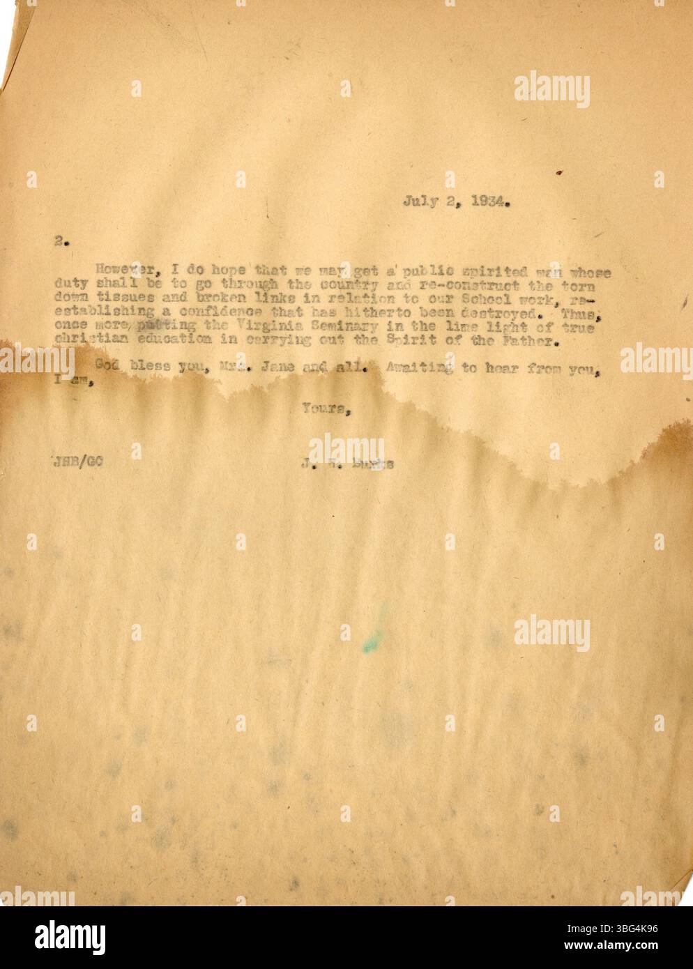 In this July 3, 1934 letter, Reverend J.H. Burks writes to Mrs. Herman ...