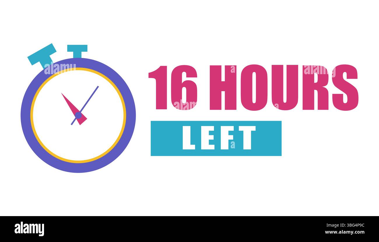 Stopwatch clock icon. Countdown sixteen hours. Bold 16 hours left ...