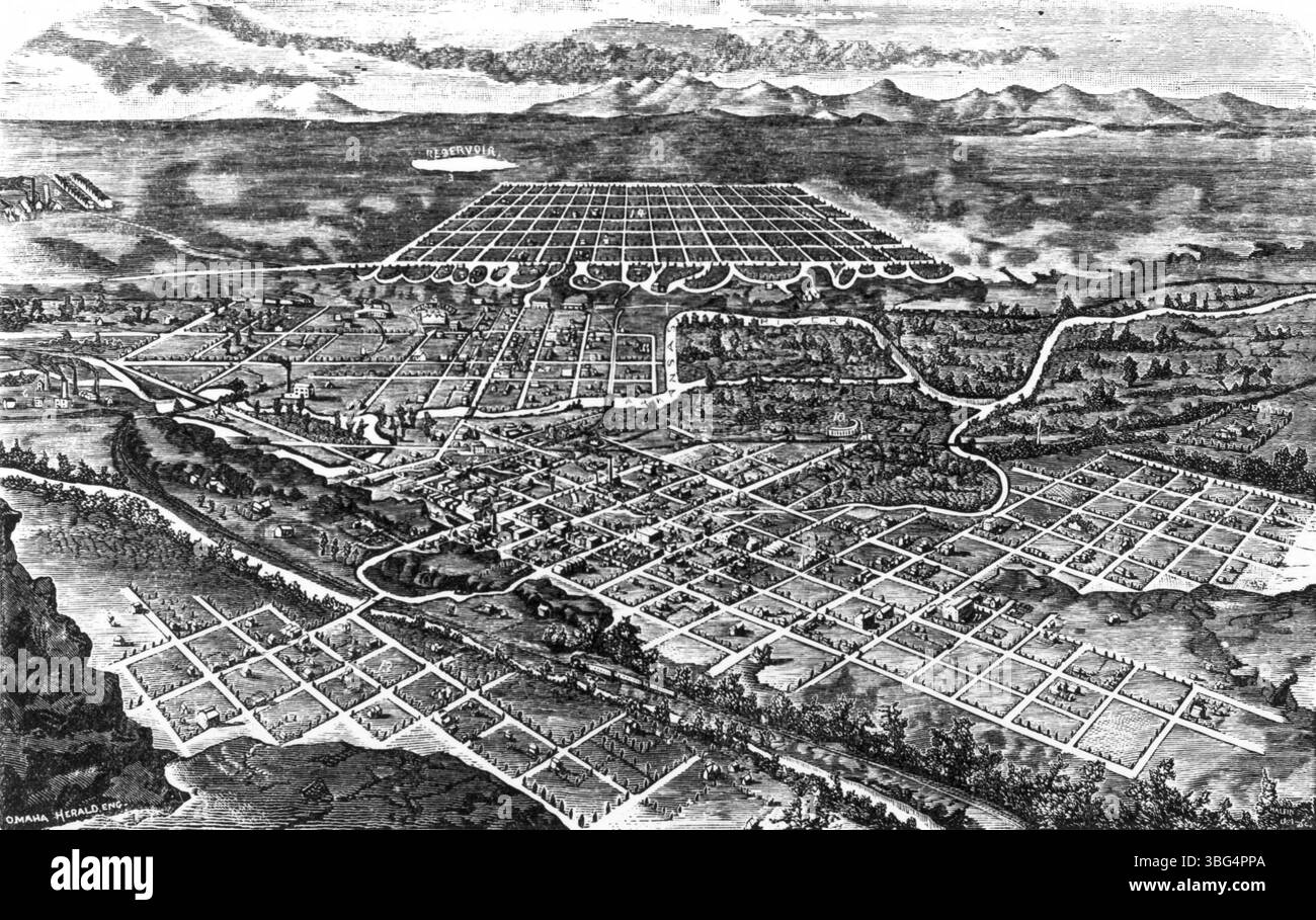 A reproduction of a 19th-century bird's eye view map of Pueblo ...
