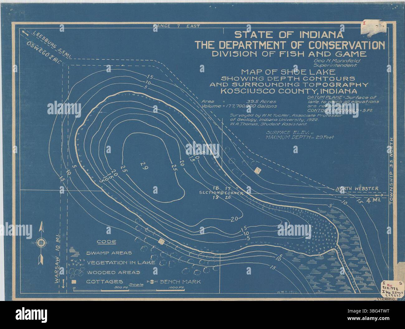 A 1922 blueprint map showing the lake depths of Shoe Lake in Kosciusko ...