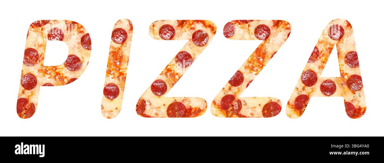 Word Pizza made of letters with pizza inside on white background ...