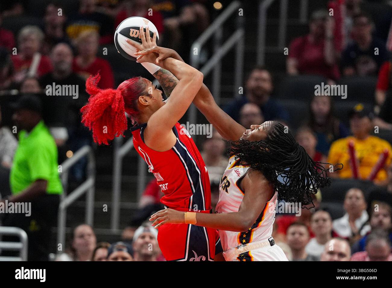 Indiana Fever forward Aliyah Boston (7) fouls Washington Mystics ...