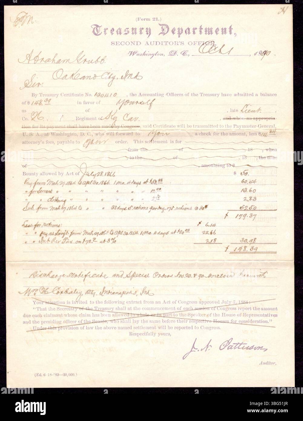 This U.S. Treasury certificate from October 1890 outlines the amount ...