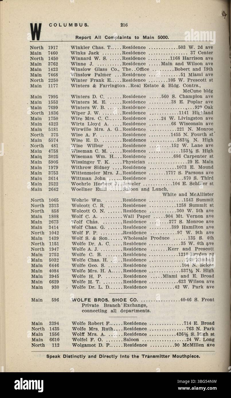 This page from the 1907 Columbus Phone Book features listings for ...
