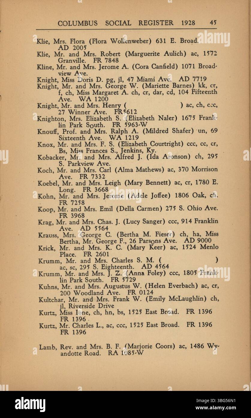 The 1928 Social Register of Columbus, Ohio, includes the full names and ...