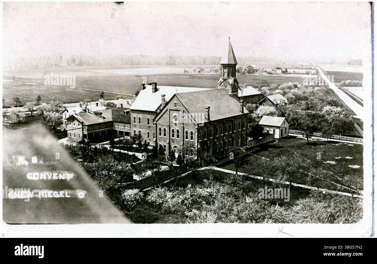 An aerial view from 1914 of the large stone P.B. Convent in New Riegel ...