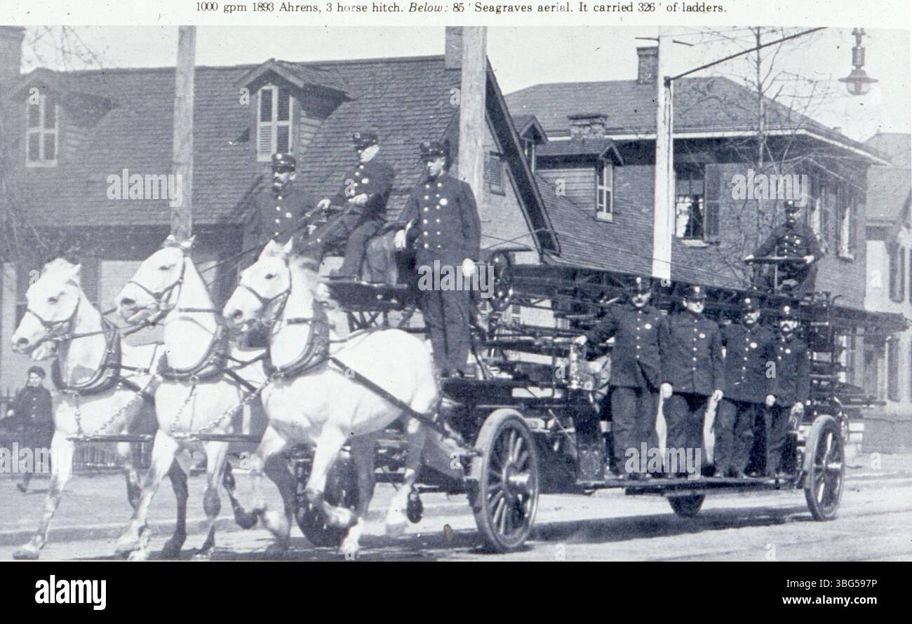 Black and white photograph of a Seagrave 85-foot aerial ladder truck ...