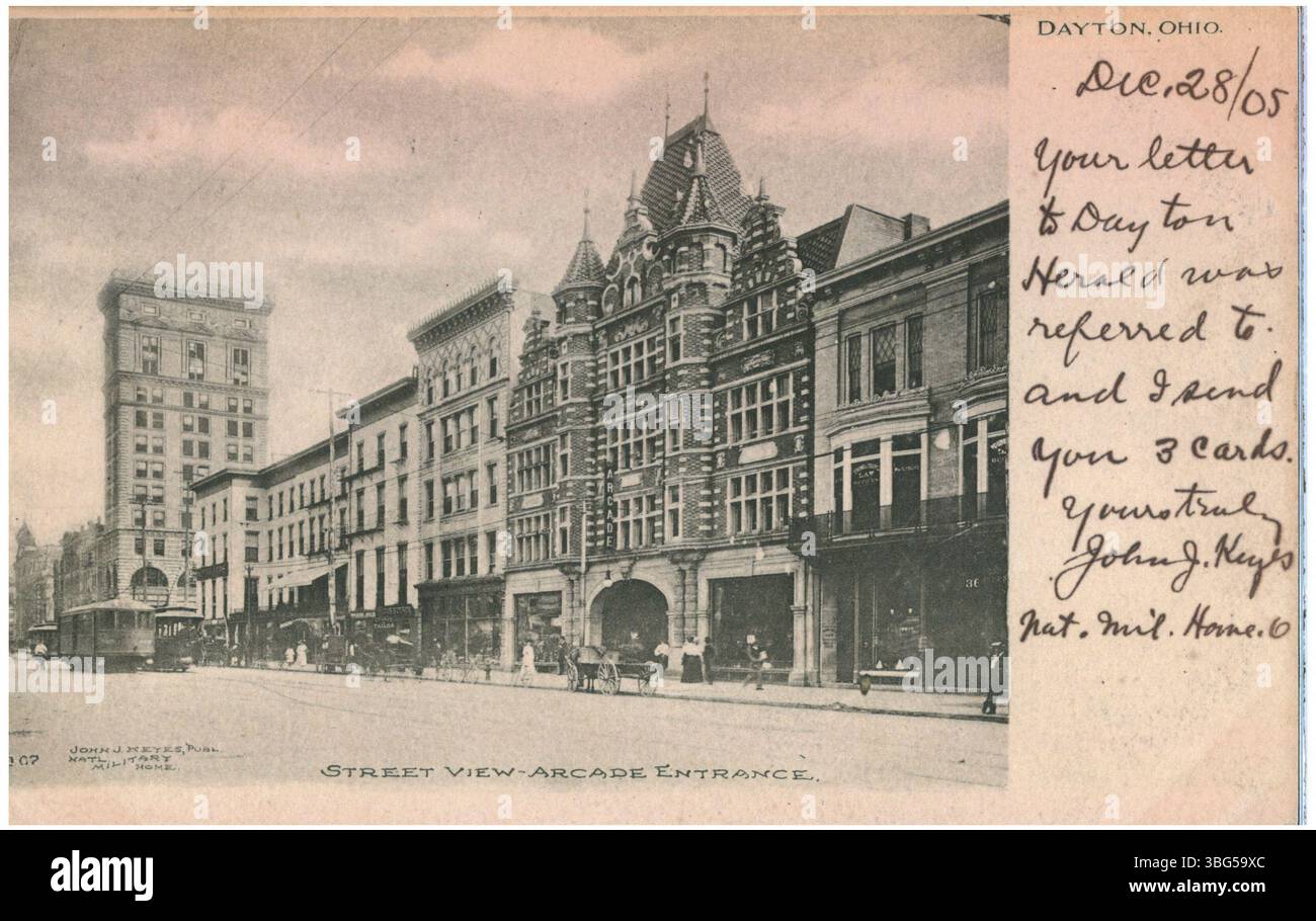 A 1905 street view of the Arcade entrance in Dayton, Ohio, showing the ...