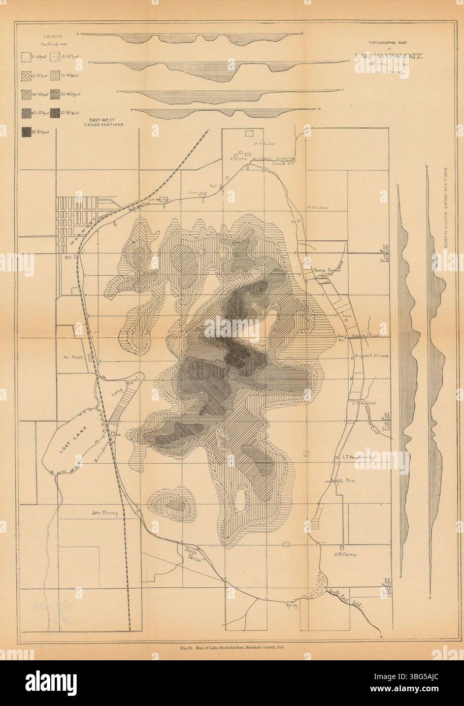 The topographical map of Lake Maxinkuckee details the lake’s features ...