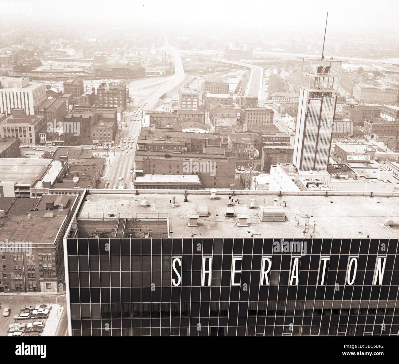 Aerial photographs of downtown Columbus, Ohio, taken in 1966, showing ...