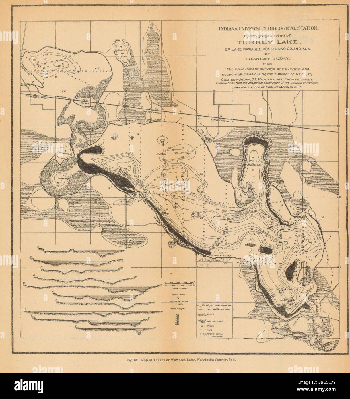 This hydrographic map from 1895 shows Turkey Lake (Lake Wawasee) in ...