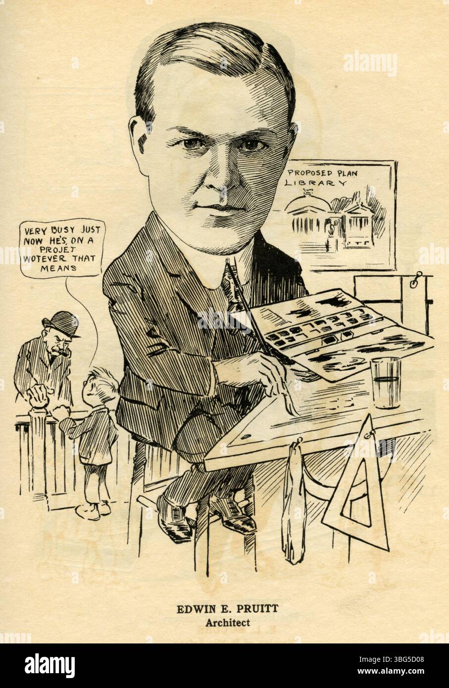 A 1911 caricature of Edwin Elliott Pruitt (1870–1953), an architect. He ...