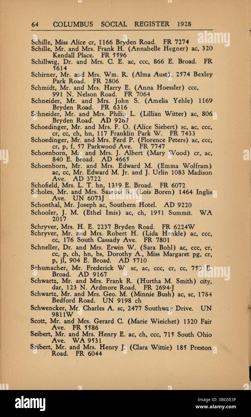 This page of the 1928 Social Register for Columbus, Ohio, contains the ...