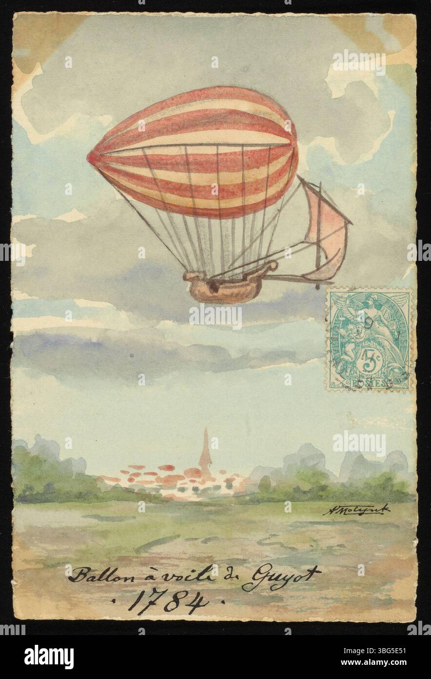 1909 postcard depicting an 18th-century airship design with sail and ...