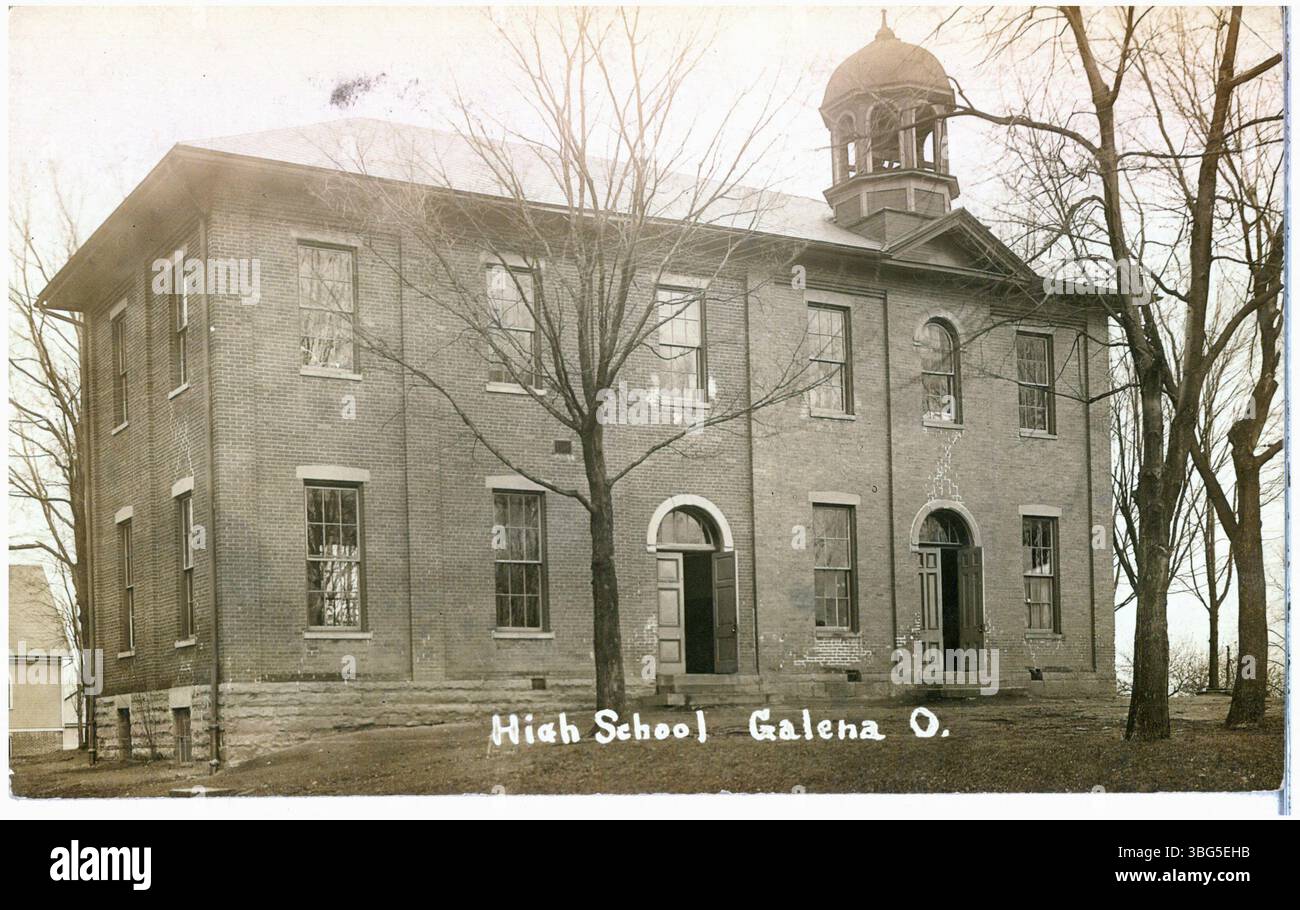 This 1914 photograph shows the early school building in Galena, Ohio ...